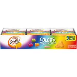 goldfish colors cheddar crackers, snack pack, 0.9 oz, 9 ct multi-pack tray