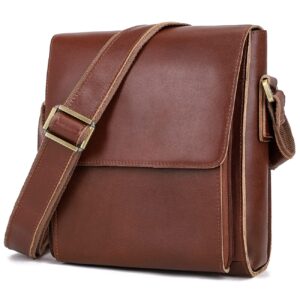 augus leather messenger shoulder crossbody bag for men work business vintage magnetic buckle big capacity adjustable straps (brown red)