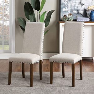 winwee dining chairs with copper nails and solid wood legs upholstered armless dining chair with high back upholstered stools, cotton-linen blend fabric set of 2 (beige)