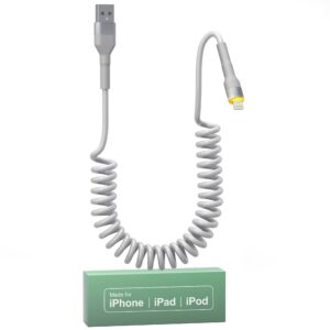 coiled iphone lightning cable apple carplay cable mfi certified, retractable apple car play cord with data sync and led, short coiled iphone charger cable for iphone/pad/pod, white