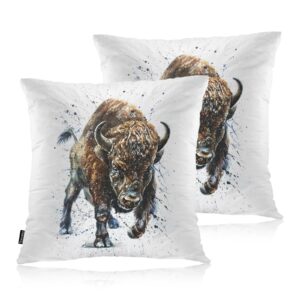 swono buffalo set of 2 decorative throw pillow covers cushion case, wild animal bison buffalo bull farmhouse pillowcase cozy pillow cover for couch sofa bed garden chair car 18 x 18 inch