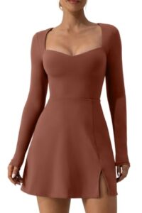 qinsen brown dress for womens long sleeve sweetheart neckline bodycon mini dress for casual l