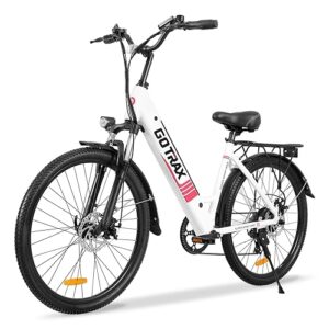 gotrax endura 26" electric bike with 28 miles (pedal-assist1) by 36v battery, 15.5mph power by 250w, 3 pedal-assist levels & adjustable seat, 7-speed & front shock absorber for adult bicycle white