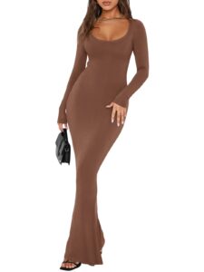 reoria womens sexy casual scoop square neck long sleeve soft lounge long dress fall wedding guest elegant ribbed bodycon maxi dresses coffee x-small