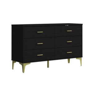 modern 6 drawer wood dresser, wood lateral chest of drawers storage organizer with wide drawers & metal gold handles for bedroom, living room, hallway, entryway