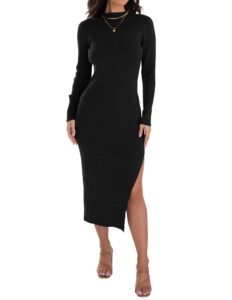 zesica women's 2024 ribbed knit dress long sleeve mock neck slim fit side slit fall elegant sweater dresses,black,medium