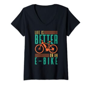 womens electric cycling life is better on an e-bike battery v-neck t-shirt