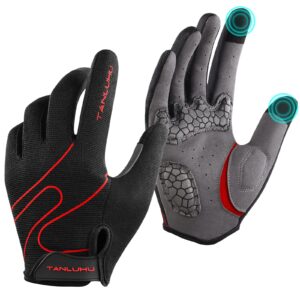 tanluhu mountain bike gloves - full finger touch screen, anti-slip, shock-absorbing for men & women (red)