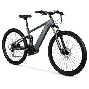 hyper e-ride electric mountain bike for adults 29 inch. 250w, 36v battery, mountain ebike with shimano 7-speed grip shifter. dual suspension. rear air shock electric bicycle for adults. matte grey