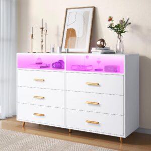 enhomee dresser for bedroom, white dresser with led, chests of drawers, 6 drawers & 2 shelves for bedroom, wood chests of drawers, large space saver furniture