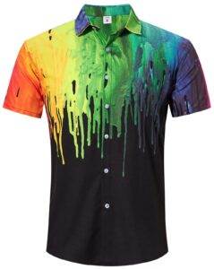 hawaiian men's paint button down shirts gay pride black pigment tie dyed graphic rainrow short sleeve blouse tee top black aloha colorful shirt