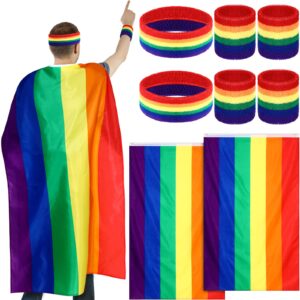 halloween costume set gay pride rainbow set, rainbow pride cape pride flag rainbow striped sweatband headband wristbands for lgbt gay holiday party celebration