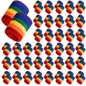 100 pieces rainbow striped wrist sweatbands bulk gay pride athletic cotton sweatband terry cloth wristbands for men women birthday halloween rainbow festival party parades sports