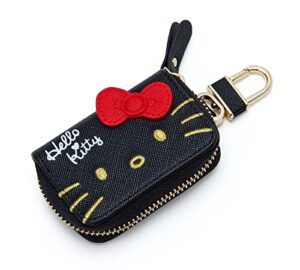 cute car key case for girls and women, genuine leather embroidered car smart key chain keychain holder, metal hook and keyring zipper bag for remote key fob - black