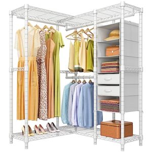 vipek l6e garment rack for hanging clothes heavy duty clothes rack with shelves, l shaped clothing rack portable corner closet metal freestanding wardrobe with drawers, max load 715 lbs, white