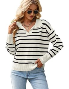 bqdcqb women striped sweater polo v neck long sleeve loose sweater knit pullover jumper tops black l