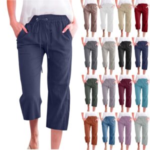 white dress pants for women capri pants casual 2023 summer drawstring elastic high waist linen pant straight wide leg cropped trouser