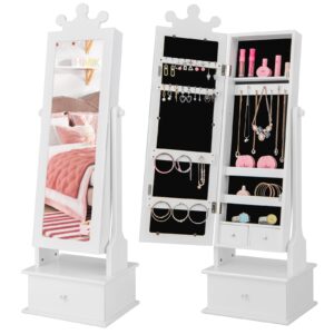 costzon kids jewelry armoire cabinet, 45” standing jewelry organizer with full-length mirror, 3 storage drawers, kids vanity dress up mirror jewelry cabinet for girls (white)