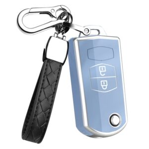 hibeyo flip 2 button for mazda key fob cover soft tpu key case for mazda 2 3 5 6 8 atenza cx5 cx-7 cx-9 mx-5 rx gh demio smart key holder car accessories with keychains-leather key chain(gray)