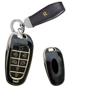 hibeyo key fob cover for hyundai sonata 2020 2021 2022 santa fe smart remote auto key shell soft tpu car accessories for hyundai 7 buttons key with bling keychains-black