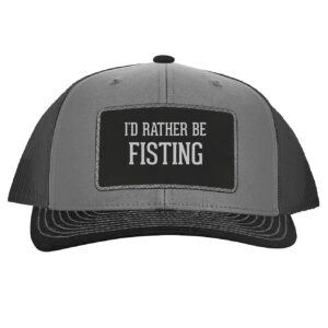 i'd rather be fisting - leather black patch engraved trucker hat, grey-steel, one size