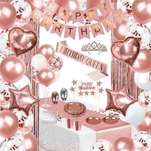 cx-reezy 253 pcs birthday decorations for women, rose gold party decorations kit for bachelorette, party decorations supplies , tableware kit, banner, tassel curtain, for 25 guests