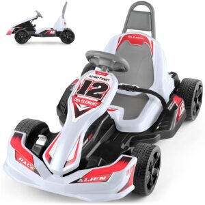 elemara electric go kart for kids, 12v 2wd battery powered ride on cars with parent remote control for boys girls,toy gift vehicle with 2 speed,safety belt,music,up to 70lbs, white