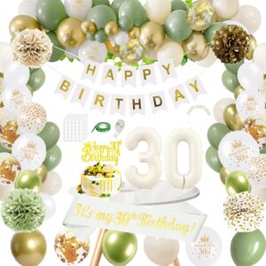 gyesxyw sage green 30th birthday decorations for women, olive green and gold 30th birthday decorations set, happy birthday banner, birthday sash, crown, confetti balloons for her women party supplies