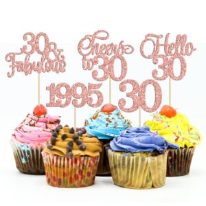 gyufise 30pcs 30th birthday cupcake toppers glitter hello 30 cupcake topper cheers to 30 1995 thirty cupcake picks for happy 30th birthday anniversary party cake decorations rose gold