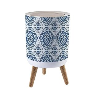 tomyeus small trash can with lid ikat seamless tie dye shibori print with stripes and ink textured garbage bin wood waste bin press cover round wastebasket for bathroom bedroom diaper office kitchen