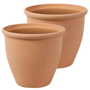 worth garden 2-pack 15" planter - large round terracotta color plant pots - lightweight plastic flower pot for indoor outdoor use - decorative containers for front porch home yard deck patio