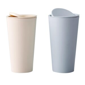 sheebo modern plastic mini wastebasket trash can with lid for car - dispose of tissues, reciepts, and other small trashes; 1 liter (2pk - khaki & light blue)