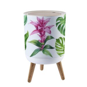 small trash can with lid for bathroom kitchen office diaper palm leaves flower set watercolor botanical painting illustrations bedroom garbage trash bin dog proof waste basket cute decorative