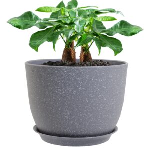 uouz 12inch large plant pot, modern plastic planter with high driange holes and saucer for indoor outdoor garden plants and flowers, grey speckles