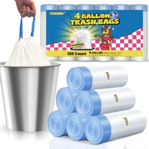 t.foring 4 gallon trash bags drawstring 1.1 mil - 120 count white small garbage bags unscented for bathroom, 15 liter thick plastic wastebasket liners for toilet home office and bedroom