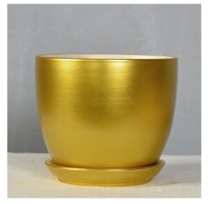 ceramic home/garden modern flower planter pot with saucer/tray - classic round shape golden color medium