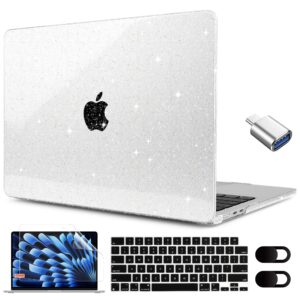 meegoodo glitter case for m3 macbook air 15 inch case 2024 2023, fit model a3114 a2941 with m3 m2, laptop shell with keyboard cover & camera cover & otg adapter for 15.3" macbook air case, star clear