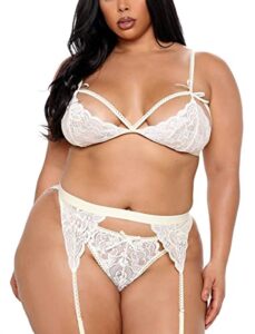 women plus size lingerie - sexy bow lace bodysuit exotic strap harness bra panty garter belt 3pcs set(white,3xl,688a)