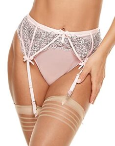 angabriel women 's mesh lace garter belt high waist suspender belt with 4 strap metal clip for stockings/lingerie (garter belt sold only) (pink, 4)