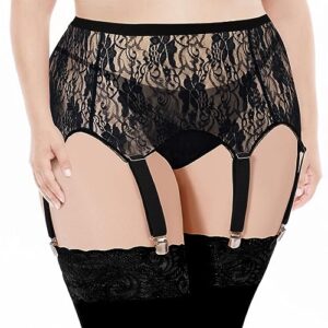 garter belt plus size high waist garter belts with 6 vintage metal clips for stockings women lingerie (black lace, 2xl/3xl)