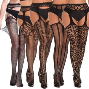 southro 5 pairs black thigh high stockings patterned tights-fishnet/net,garter belts set & suspender pantyhose for women