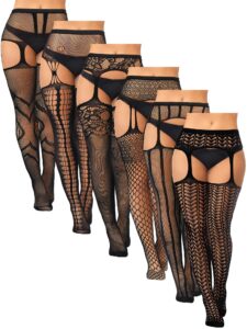 jadive 6 pairs women plus size fishnet thigh high stockings suspender garter belt lingerie pantyhose tights fits xl-xxxxl(black,classic)