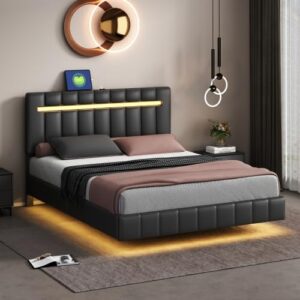 anwickjeff queen size floating bed frame with led lights and usb charging,modern queen upholstered platform led bed frame with headboard, low profile platform bed for bedroom, (black, queen)