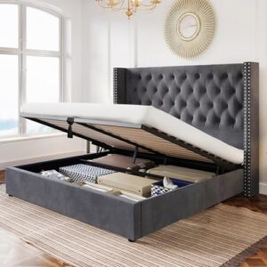 vanacc queen bed frame lift up storage bed with headboard 50" button tufted wingback/hydraulic lifting storage underneath/wood slats/easy assembly/dark grey