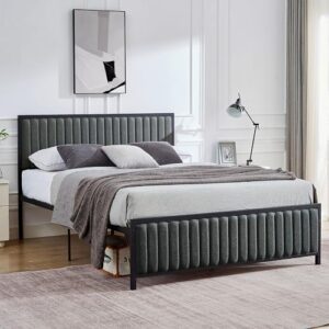 vecelo queen bed frame with upholstered tufted headboard & footboard, heavy duty steel slats platform, no box spring needed, grey