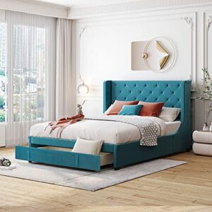 hausheck upholstered bed frame queen size with big drawer and classic button tufted wingback headboard, modern platform bed frame w/wooden slats support mattress foundation, no box spring needed