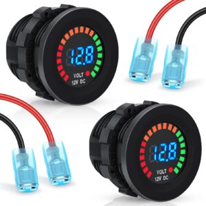 2 pcs dc 12v waterproof led digital display voltage gauges round panel car voltmeters with terminals waterproof voltmeter battery tester with blue light for boat marine car motorcycle