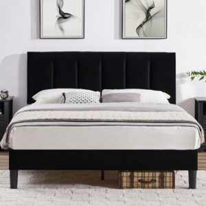 vecelo queen bed frame with upholstered headboard, platform mattress foundation with strong wooden slats support, no boxing spring needed, easy assembly, black