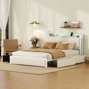 samtra queen size bed frame with storage headboard & 4 drawers, upholstered boho metal platform bedframe with led lights & charging station, easy assembly, beige white