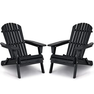 folding adirondack chair set of 2 patio chairs weather resistant folding outdoor chair solid wooden heavy duty reclining fire pit chair for deck, lawn, backyard, garden-black